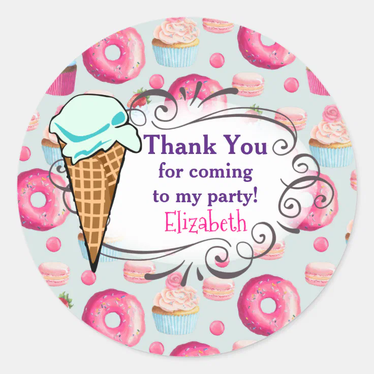 Donuts Macarons And Cupcake Party Thank You Classic Round Sticker | Zazzle