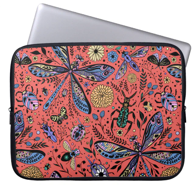 Doodle bugs on coral red laptop sleeve | Zazzle