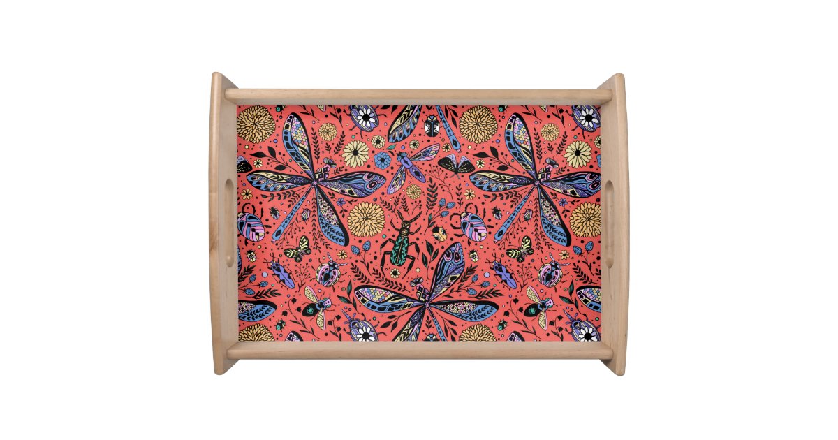 Doodle bugs on coral red serving tray | Zazzle