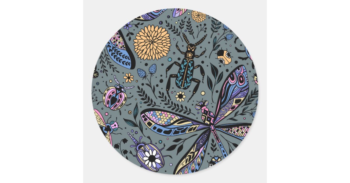 Doodle bugs on slater gray classic round sticker | Zazzle