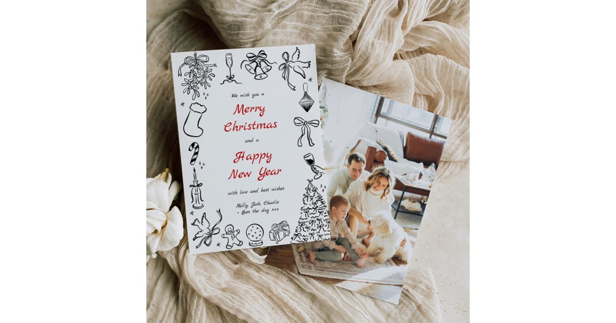 Doodle Christmas Card Photo Hand Drawn Holiday Red | Zazzle