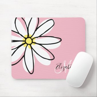 Doodle Drawn Daisy White Pink Monogram Cute Mouse Pad | Zazzle