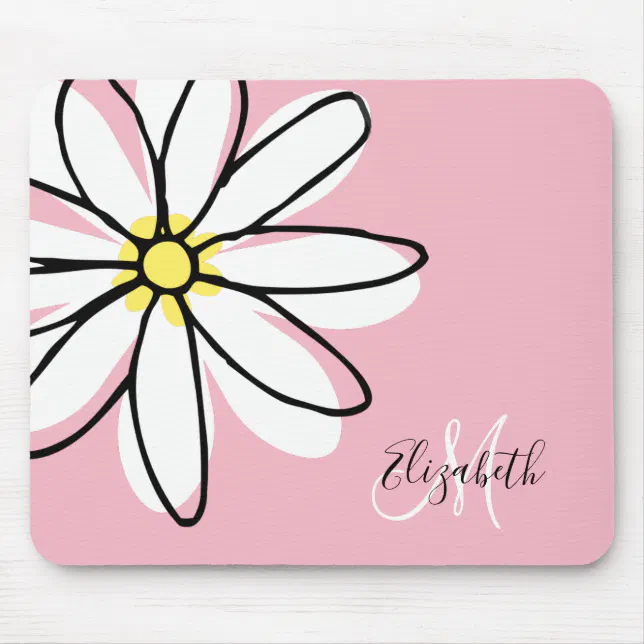 Doodle Drawn Daisy White Pink Monogram Cute Mouse Pad | Zazzle
