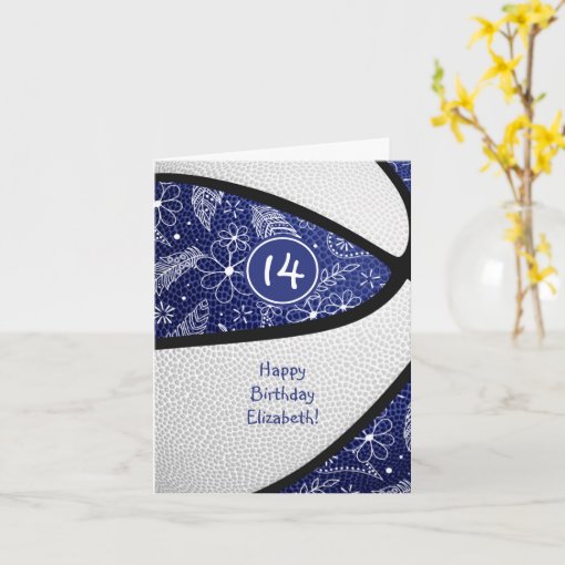 doodle feathers blue basketball girls birthday card | Zazzle