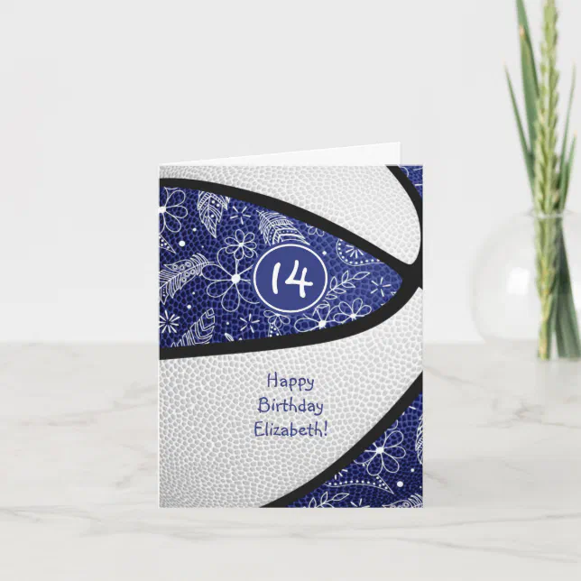 doodle feathers blue basketball girls birthday card | Zazzle