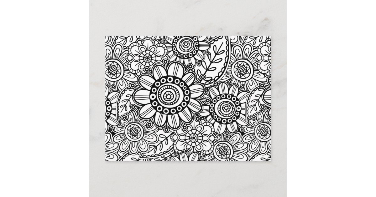 Doodle Folk Art Floral Line Drawing Pattern Postcard | Zazzle