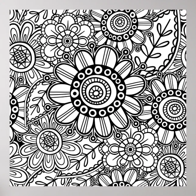 Doodle Folk Art Floral Line Drawing Pattern Poster | Zazzle