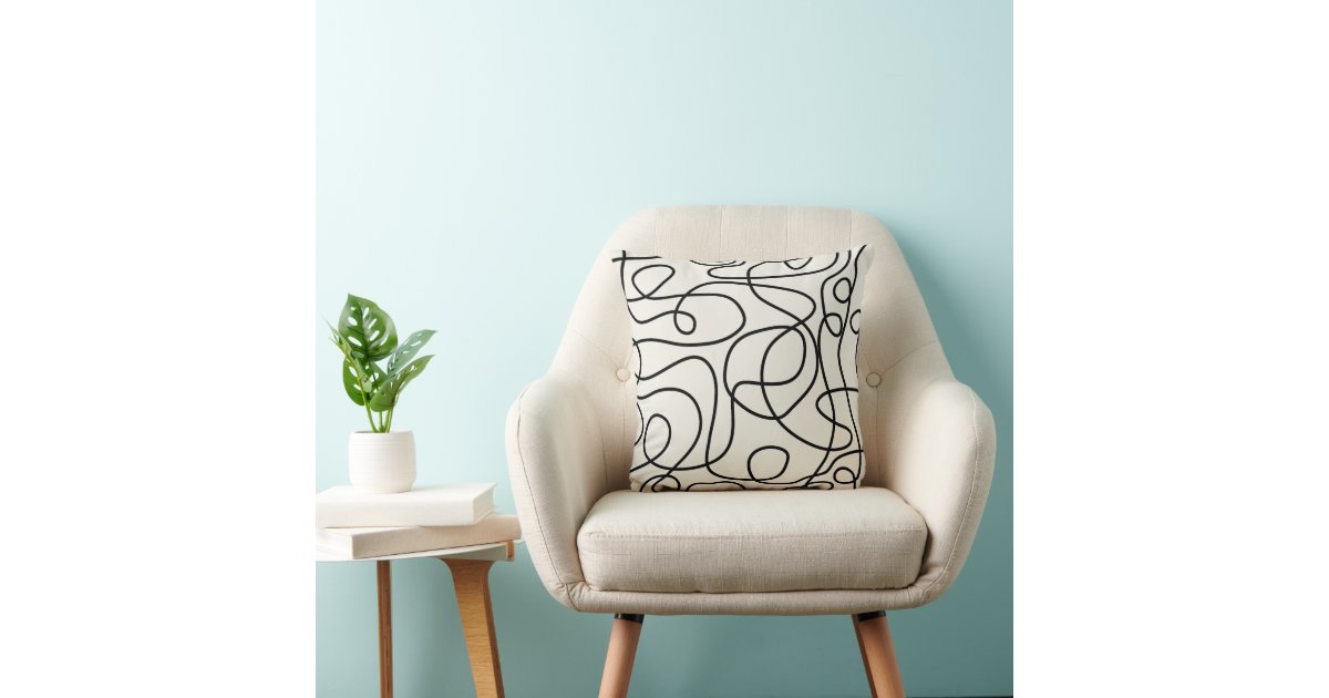 Doodle Line Art Pattern | Black on Cream Throw Pillow | Zazzle