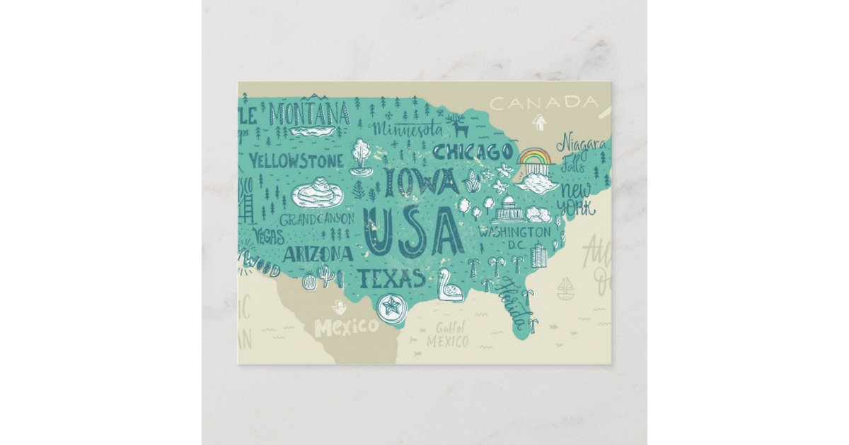 Doodle Map Of USA Postcard | Zazzle