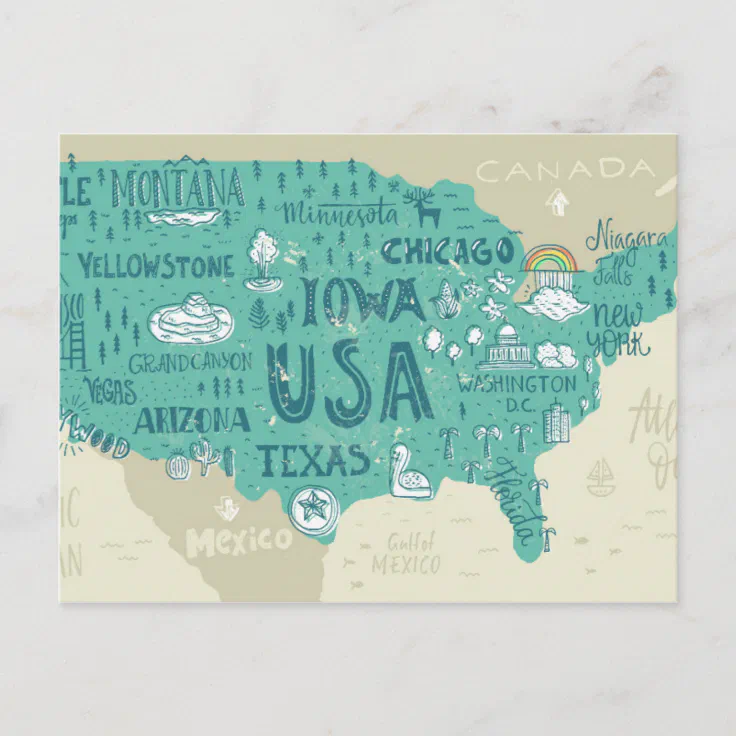 Doodle Map Of USA Postcard | Zazzle