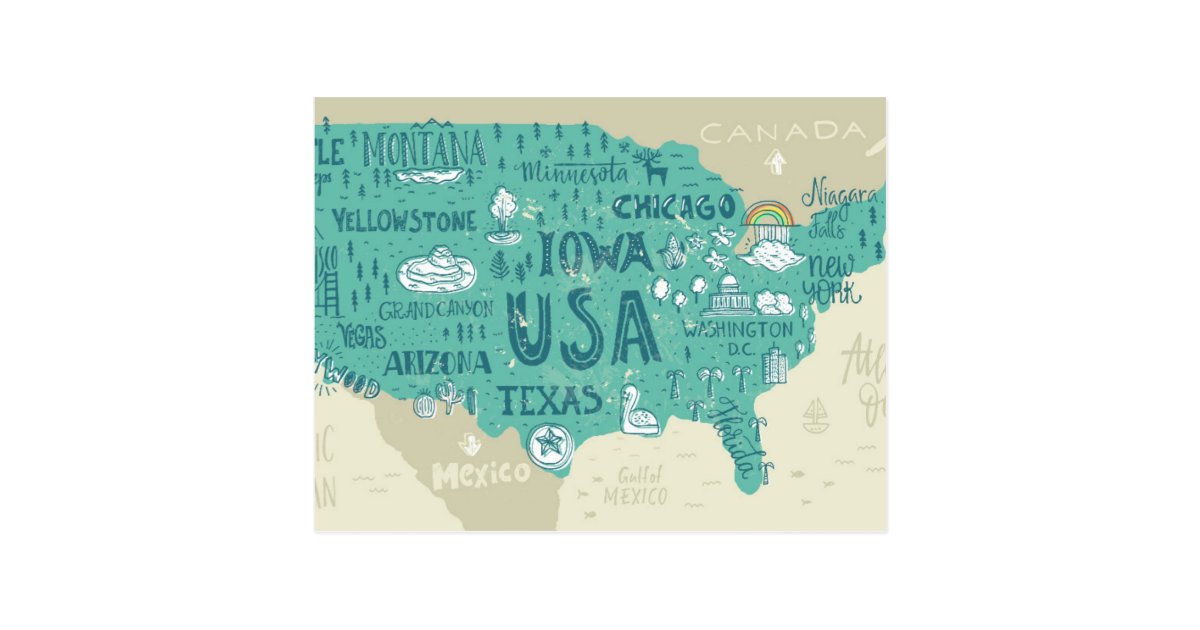 Doodle Map Of USA Postcard | Zazzle.com