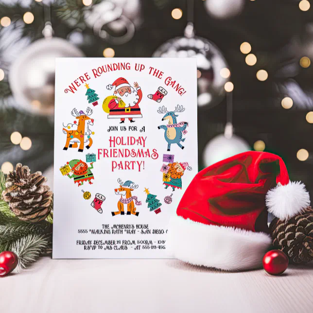 Doodle Santa's Rounding up the Gang Friendsmas Invitation | Zazzle