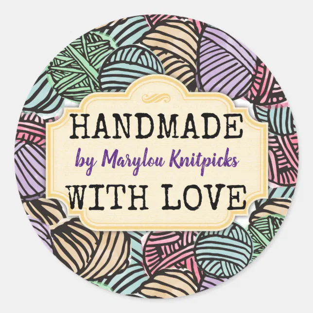 Doodle yarn knitting crochet handmade with love classic round sticker ...