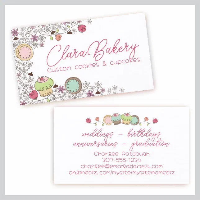 Doodles cookies cupcakes flowers bakery sweets business card | Zazzle