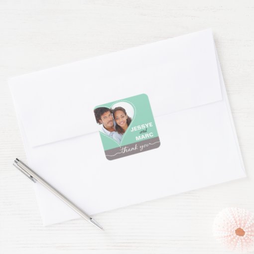 Dotted Heart Photo Thank You mint gray Square Sticker | Zazzle
