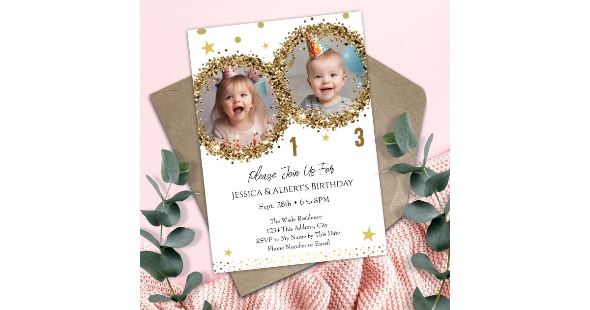 Double Birthday Gold Glitter Kids Photo Invitation | Zazzle