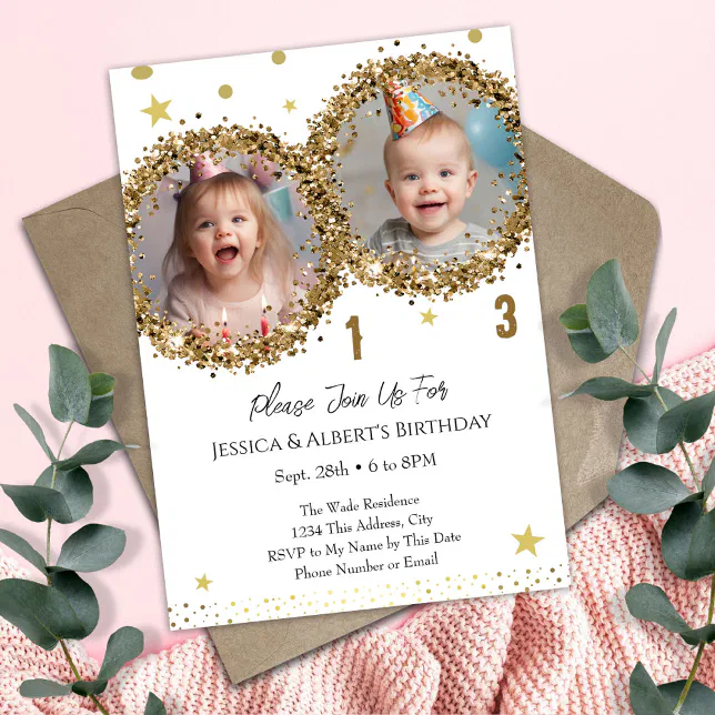 Double Birthday Gold Glitter Kids Photo Invitation | Zazzle