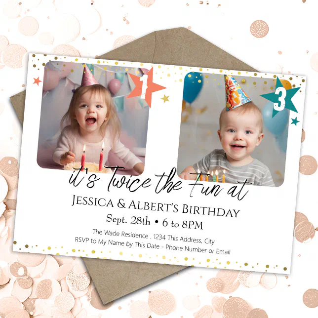 Double Birthday Kids Photo Invitation | Zazzle