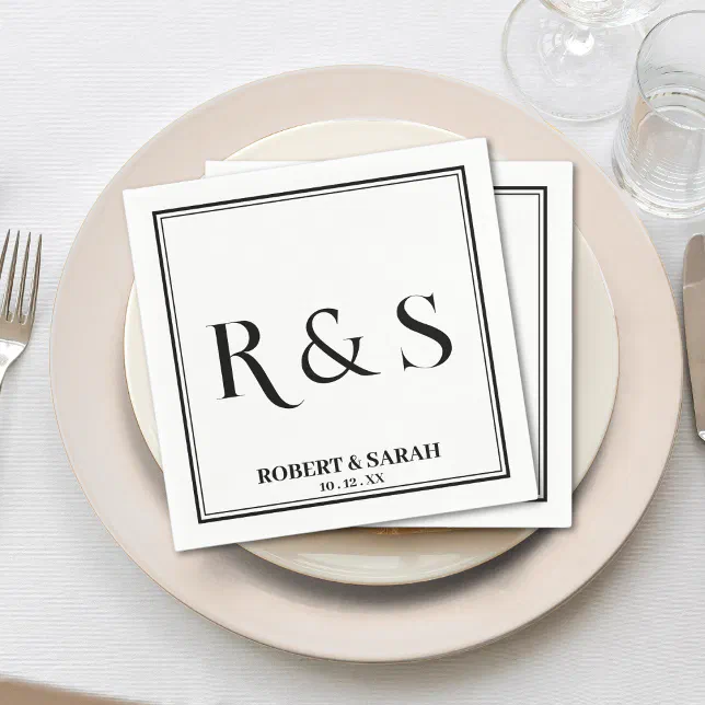 Double Border Simple Modern Monogram Wedding Napkins | Zazzle
