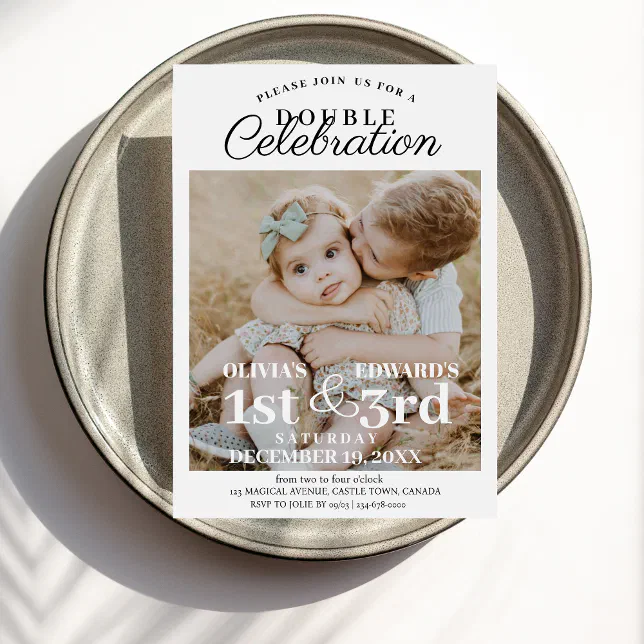 Double Celebration Birthday Photo Elegant Minimal Invitation | Zazzle