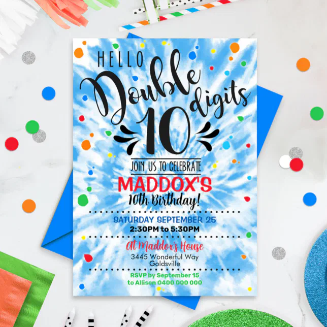 Double Digits Birthday Invitation Boy Tie Dye | Zazzle