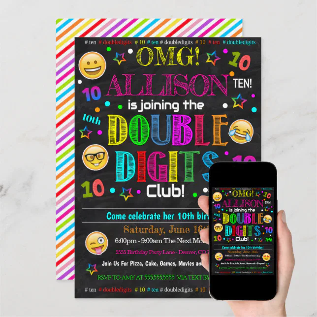 Double Digits Club Party Birthday Invitation | Zazzle