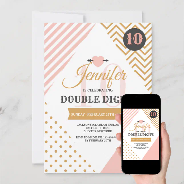 Double Digits Pink and Gold Party Invitation | Zazzle