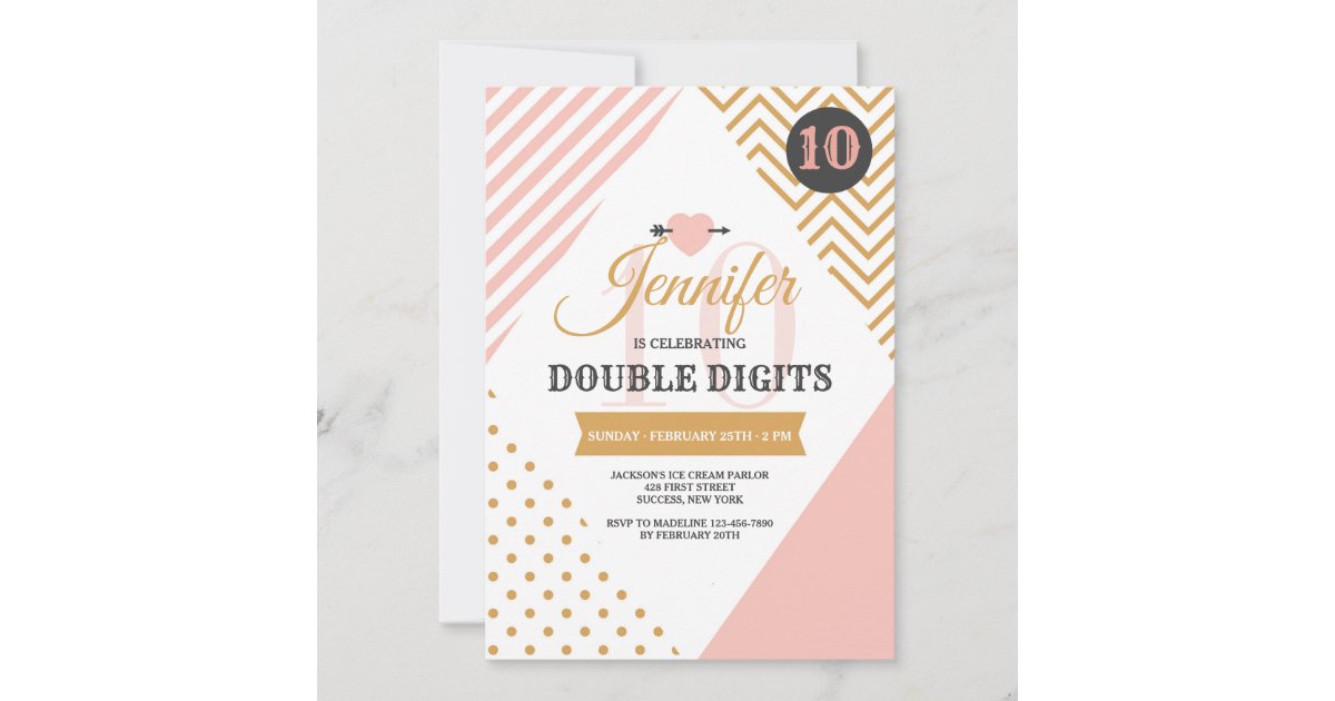 Double Digits Pink and Gold Party Invitation | Zazzle