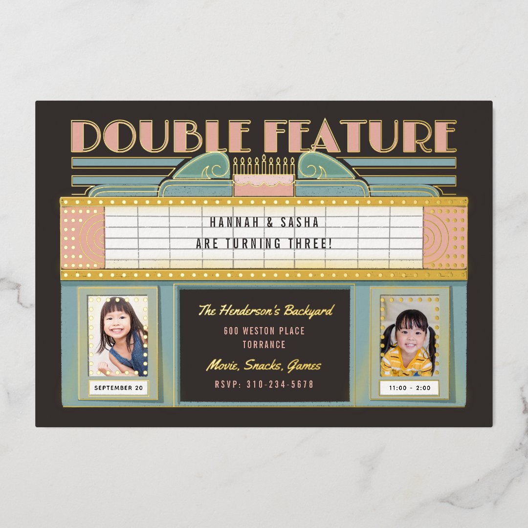 Double Feature Movie Twins Birthday Party Foil Invitation | Zazzle