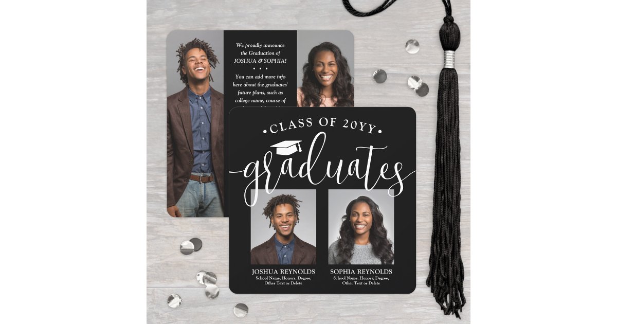 Double Graduation 2 Grads & 4 Photos Black & White Announcement | Zazzle