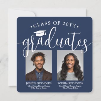 Double Graduation 2 Grads & 4 Photos Navy & White Announcement | Zazzle