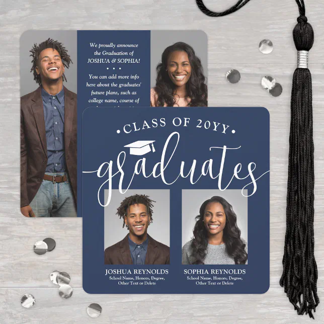 Double Graduation 2 Grads & 4 Photos Navy & White Announcement | Zazzle