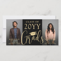 Double Graduation 2 Grads Black & Gold Joint Photo Announcement | Zazzle