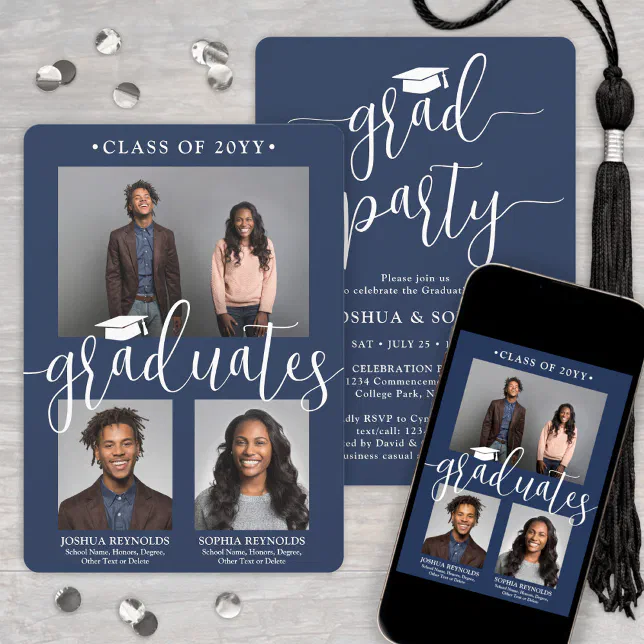 Double Graduation 2 Grads Navy & White Joint Photo Invitation | Zazzle