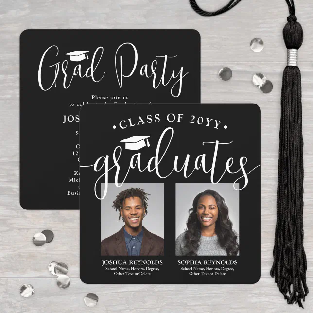 Double Graduation 2 Photos Black White Joint Party Invitation | Zazzle