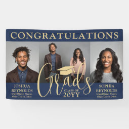 Double Graduation 3 Photo Navy & Gold Joint Party Banner | Zazzle