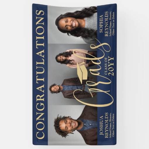 Double Graduation 3 Photo Navy & Gold Joint Party Banner | Zazzle