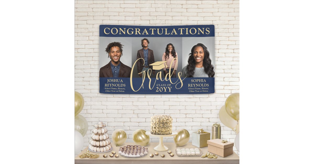Double Graduation 3 Photo Navy & Gold Joint Party Banner | Zazzle