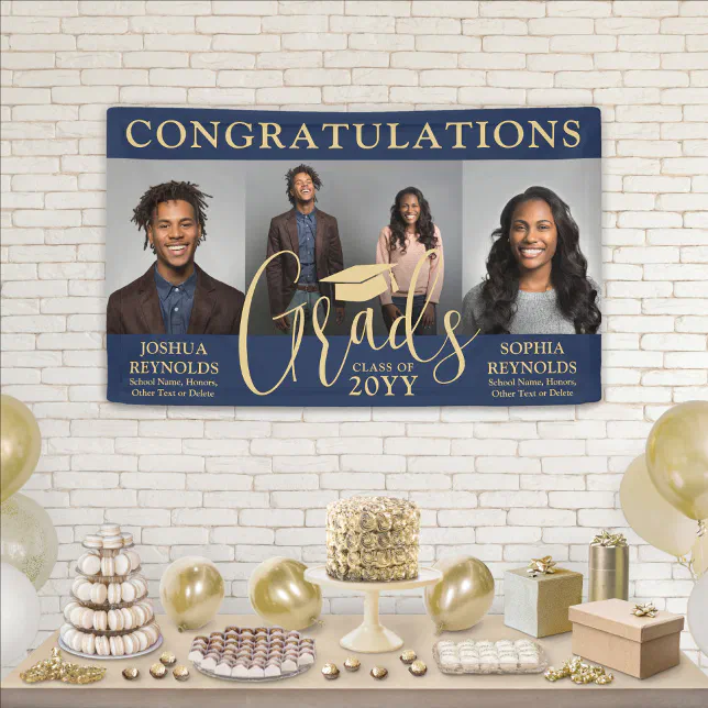 Double Graduation 3 Photo Navy & Gold Joint Party Banner | Zazzle