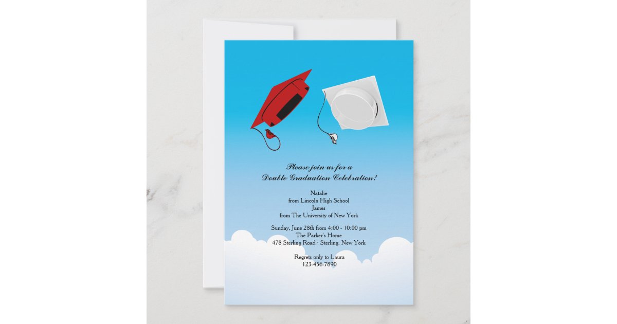 Double Graduation Hat Toss 3 Vertical Invitation | Zazzle