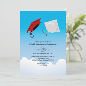 Double Graduation Hat Toss 3 Vertical Invitation | Zazzle