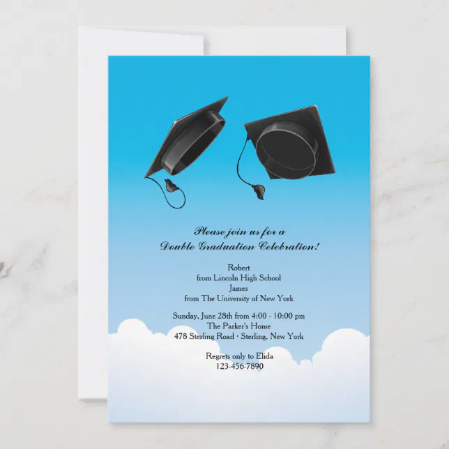Double Graduation Hat Toss Vertical Black Invitation | Zazzle