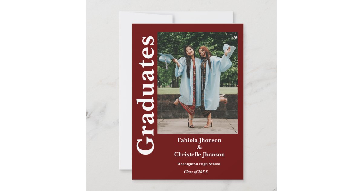 Double graduation siblings burgundy graduation invitation | Zazzle
