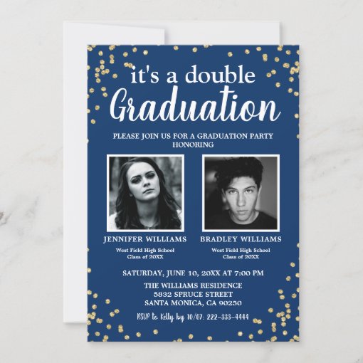 Double Graduation Two Photo Graduate Blue Invitation | Zazzle
