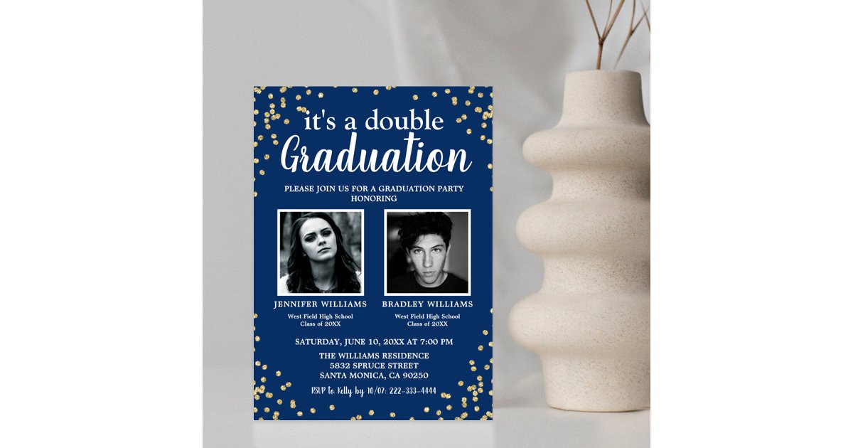 Double Graduation Two Photo Graduate Blue Invitation | Zazzle