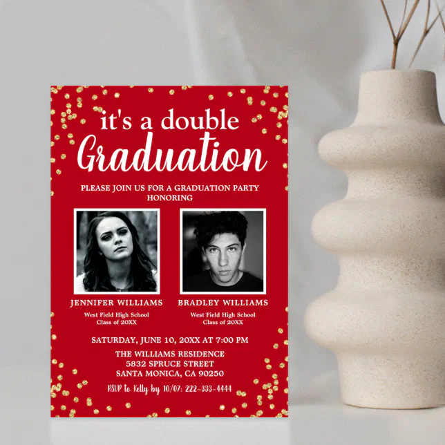 Double Graduation Two Photo Graduate Red Invitation | Zazzle