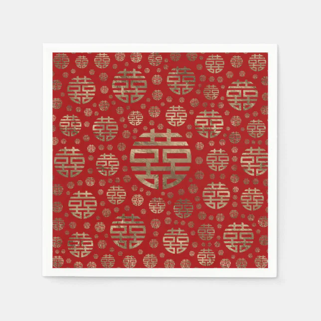 Double Happiness Symbol pattern - Gold on red Napkins | Zazzle