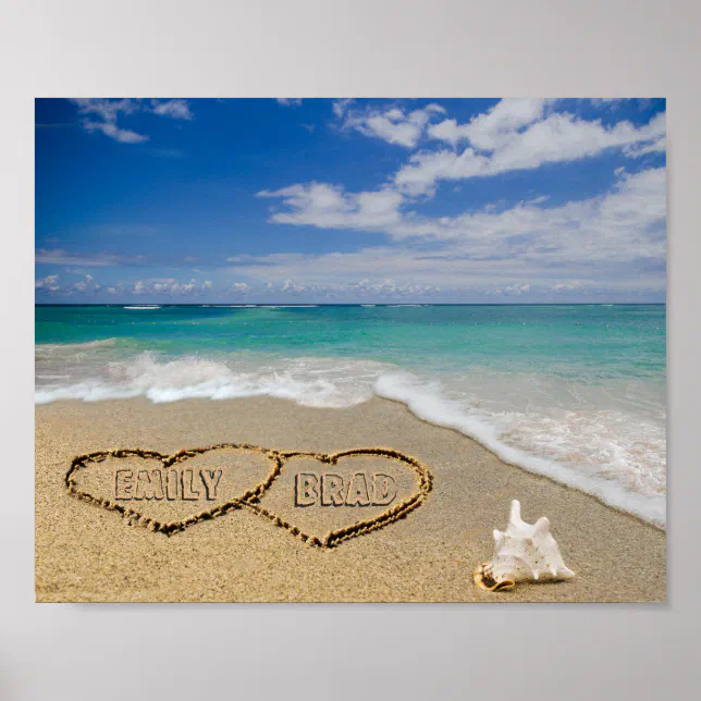 Double Heart Personalized Names In Sand Picture Poster | Zazzle