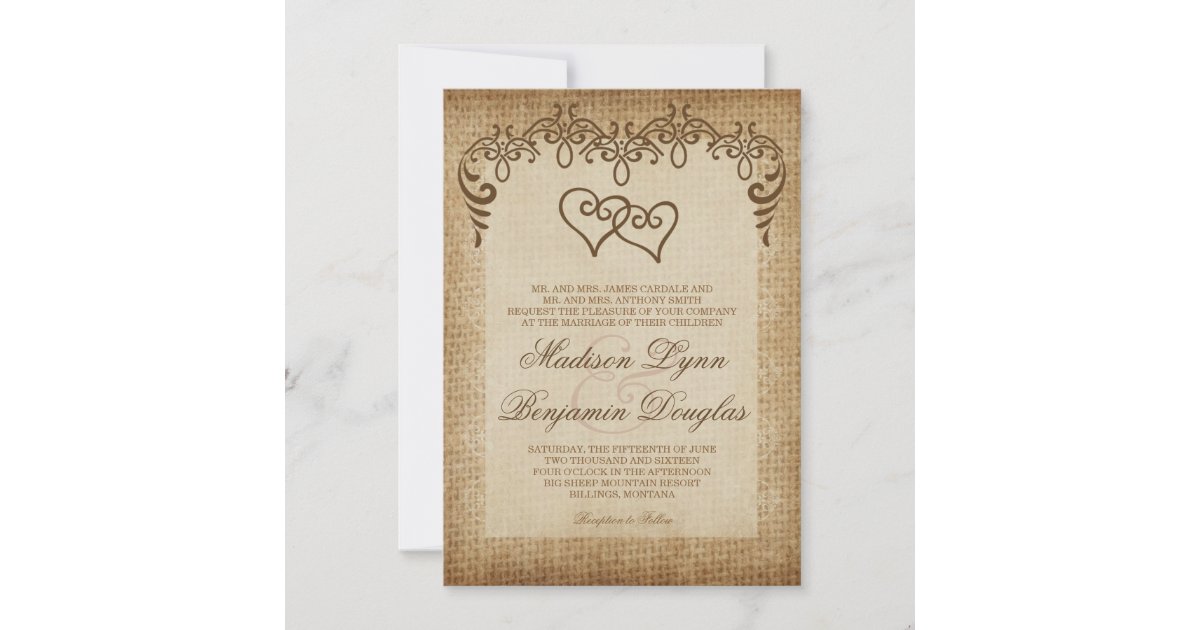 Double Hearts Rustic Burlap Wedding Invitations | Zazzle