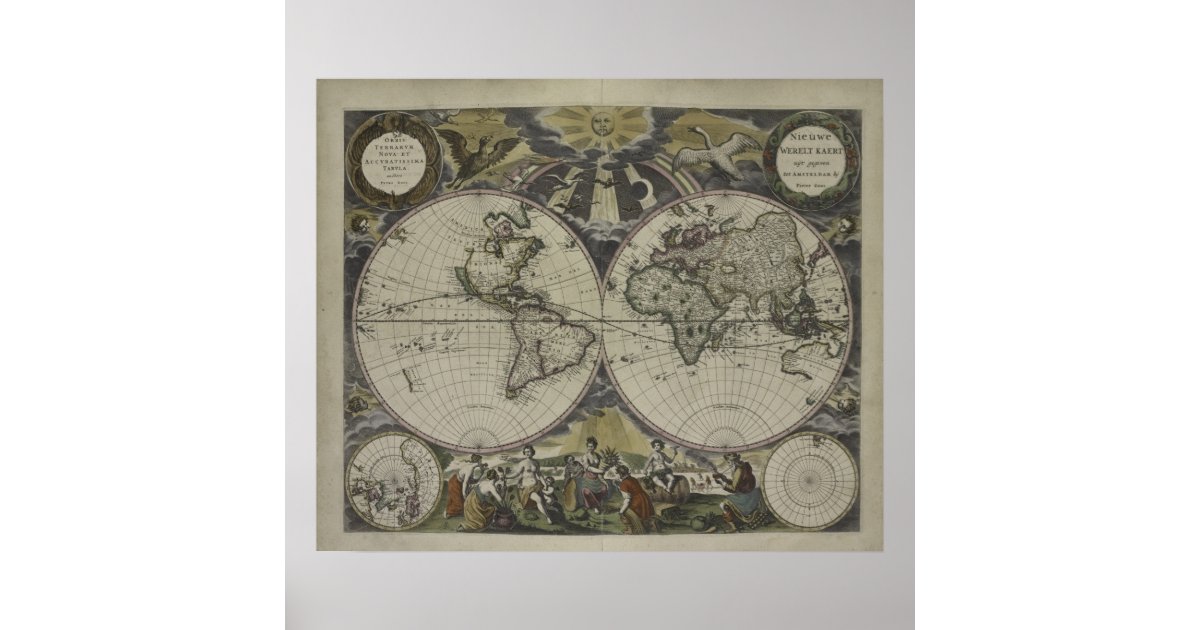 Double Hemisphere World Map | 1672 Poster | Zazzle